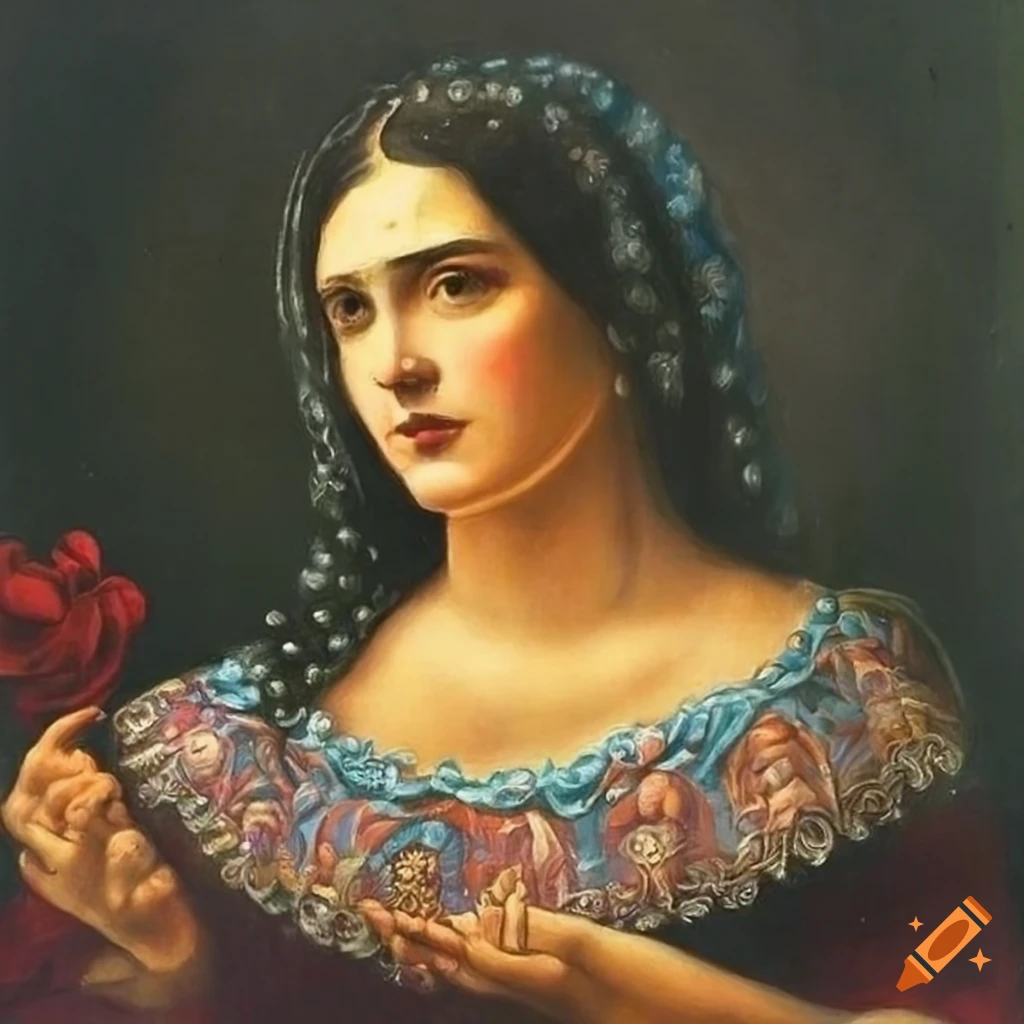 Pre raphaelite painting of mexican woman wearing virgin mary rosary ...