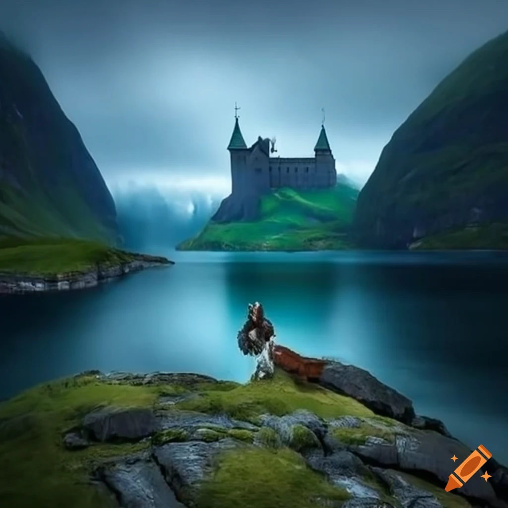 A castle on and island in a norwegian fjord epic fantasy fairytale on ...