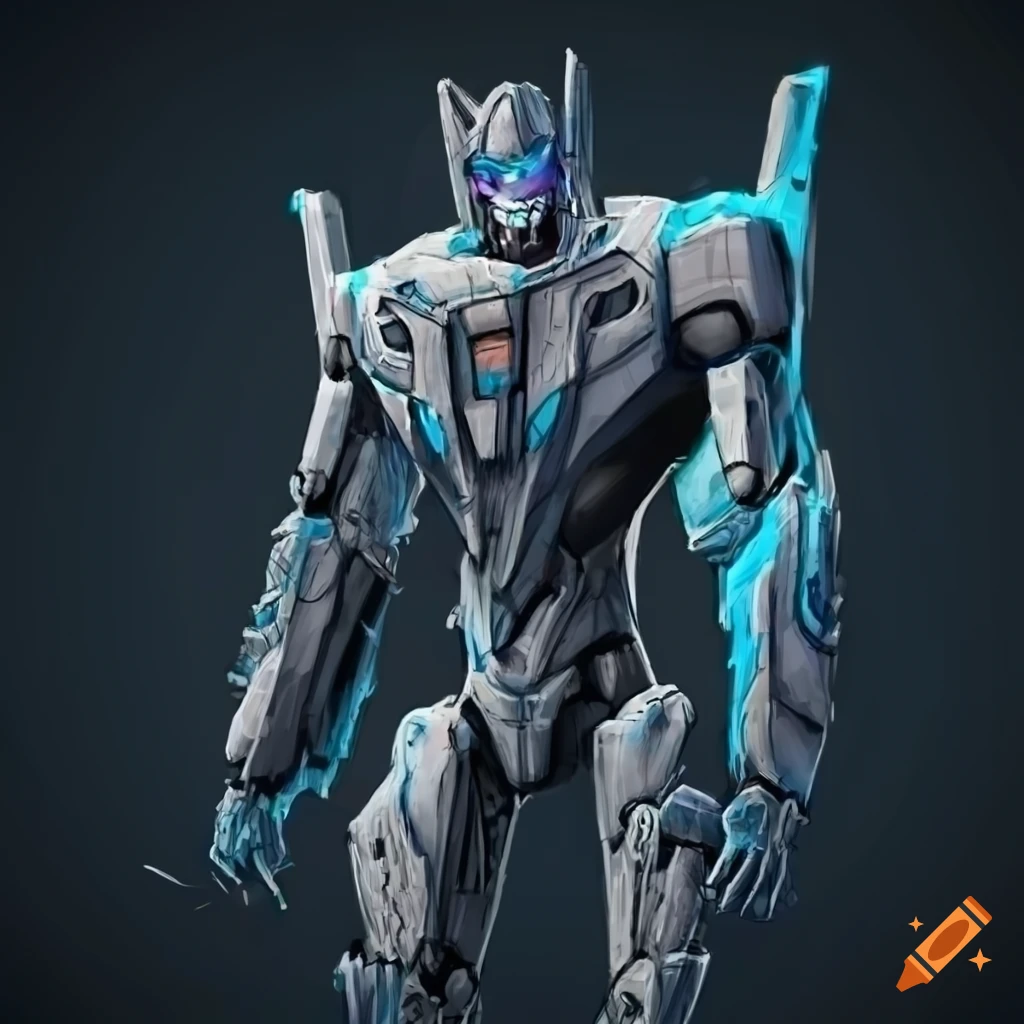 A plane decepticon humanoid form in gray and blue in realistic art on ...