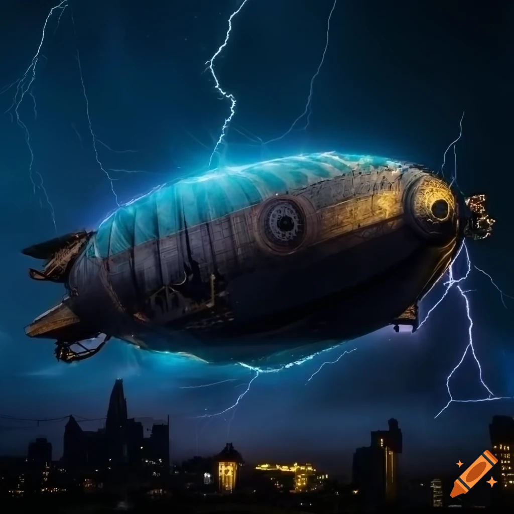 A steampunk-inspired Blimp floating amidst mesmerizing night skies with lightning in the ...