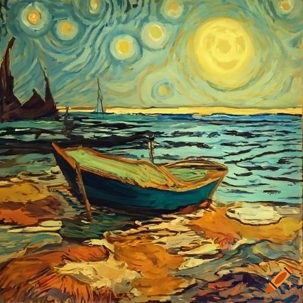 In the style of van gogh, a rowboat parked on the moonlit beach on Craiyon