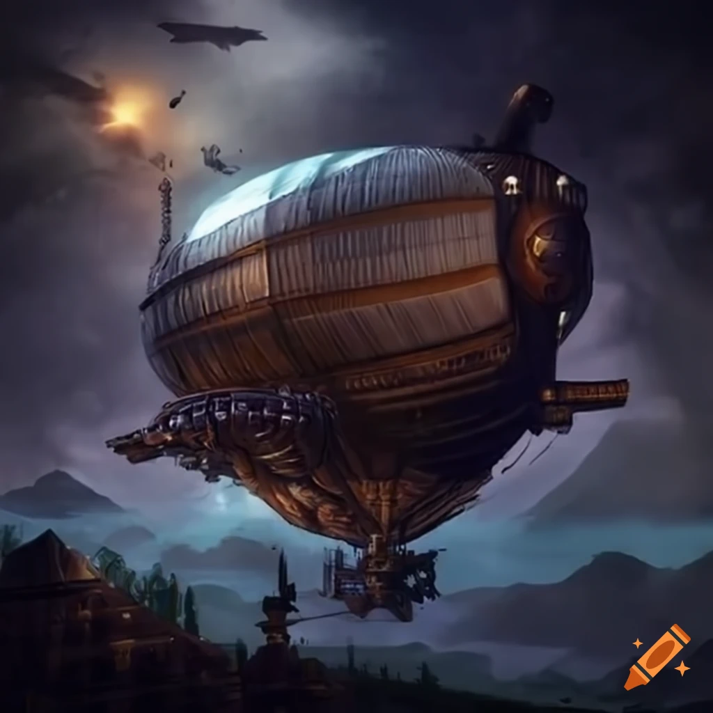 Steampunk airship in space fighting a giant spaceship