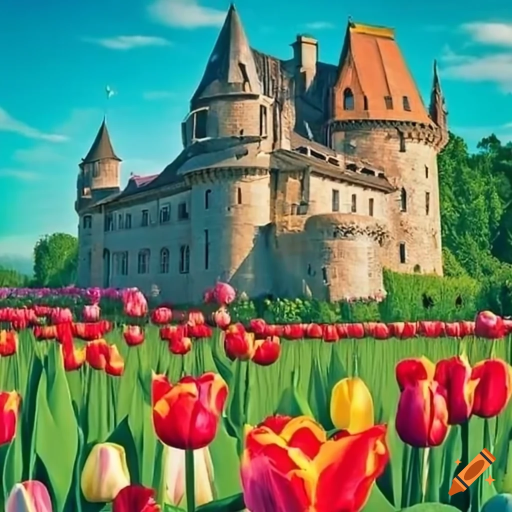 Castle in the middle of a tulip garden on Craiyon