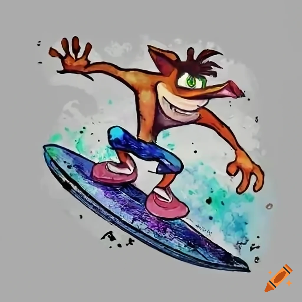 Crash Bandicoot on a Surfboard Surfing a Wave as a marketing game in ...