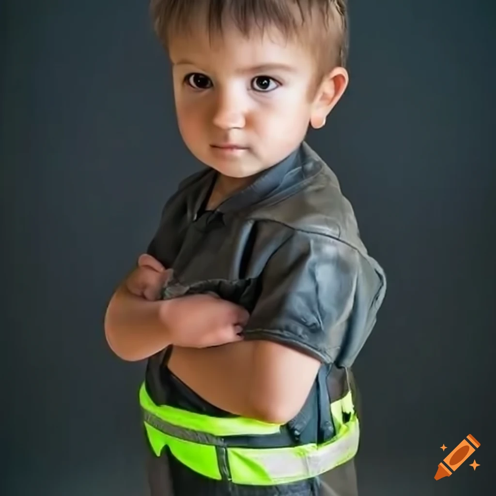 Spanish toddler boy in full hi-viz leather uniform arms crossed before his chest on Craiyon