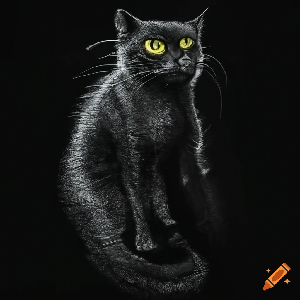 Bipedal black cat wearing a black leather jacket pencil sketch