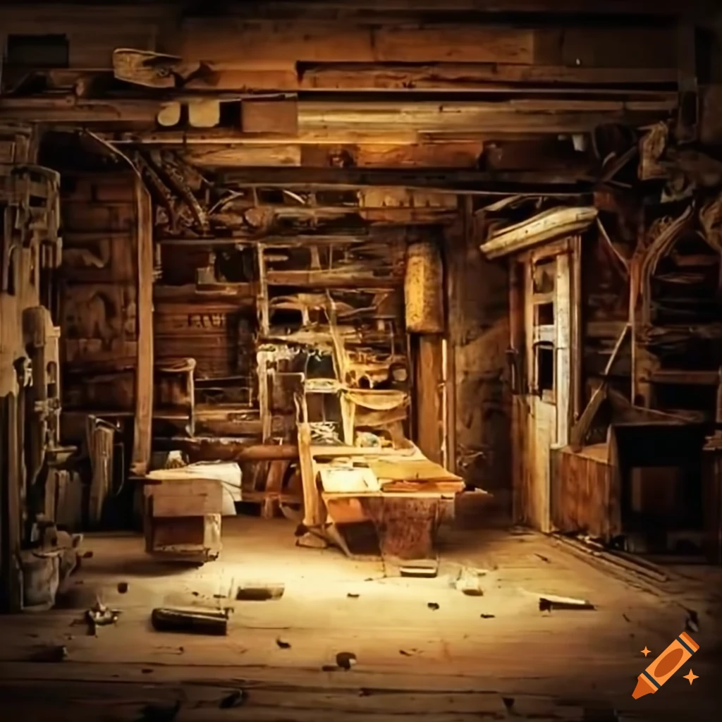 Wood workshop-inside-old time-high resolution-detailed on Craiyon