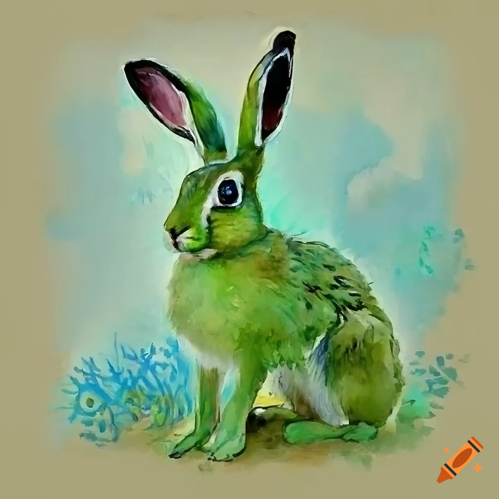 Oil painting, digital painting, watercolor drawing of a green hare in ...