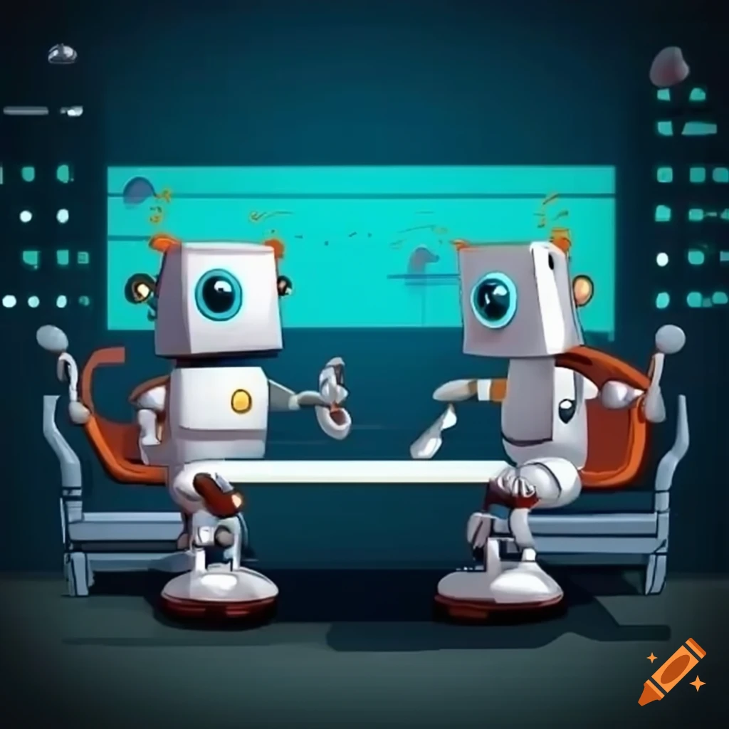 A group of cartoon robots sitting around a table and analyzing
