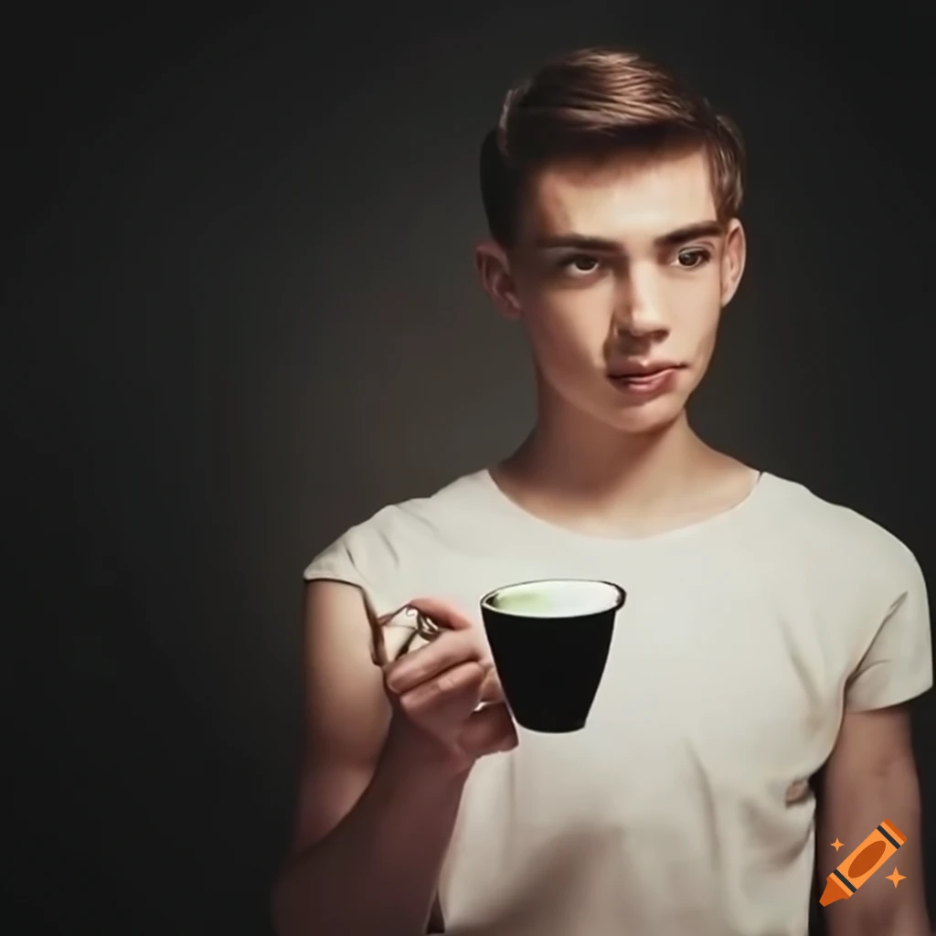 Young-guy holds a coffee-cup color hyper-realistic