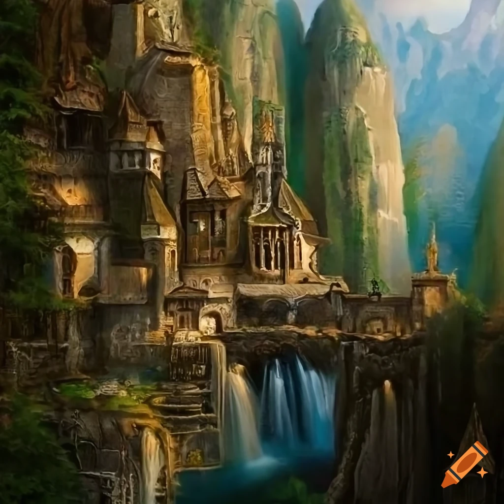 A highly detailed, breathtaking painting of Rivendell, a hidden, very ...