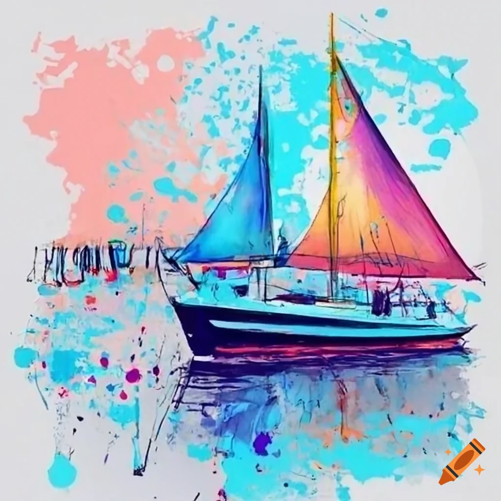 Color sketch of sailboats in a harbor with some paint splatter on Craiyon