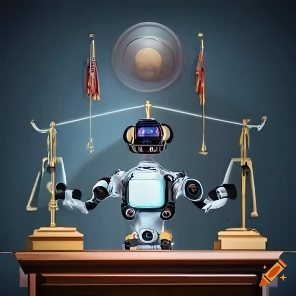 A man with robotic stuff who is a judge in a court room on Craiyon