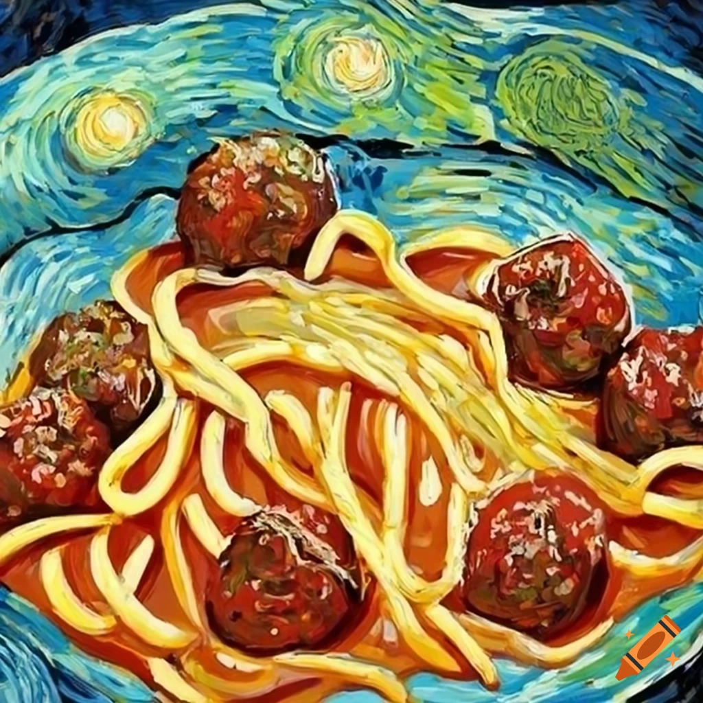 Van gogh inspired artwork of spaghetti and meatballs on Craiyon