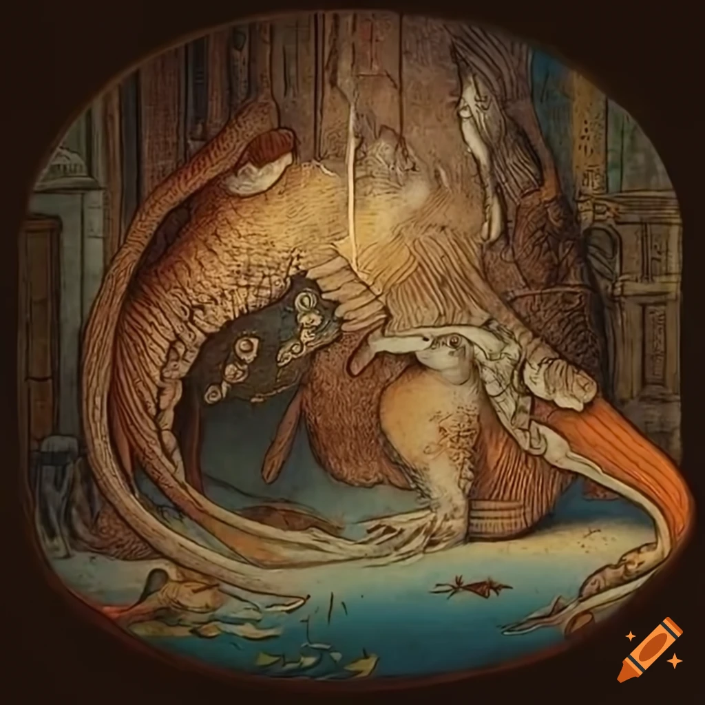 Medieval bestiary blending the artistic styles of hans holbein and ...