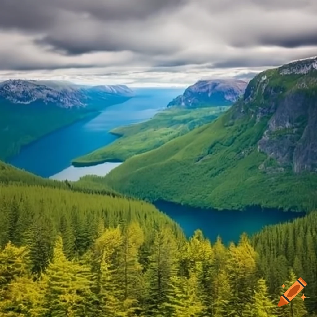 Majestic norwegian forest surrounded by magnificent mountains