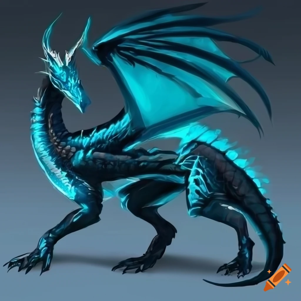 Dragon concept design, full body blue and cyan coloured, side view on ...