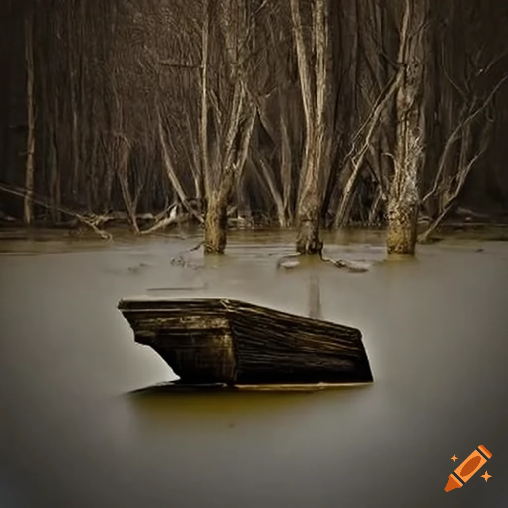 An abandoned, weathered coffin partially submerged in lakeside mud