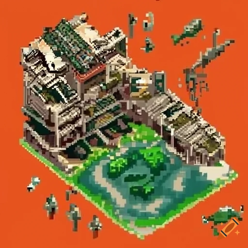 Post apocalyptic scenery top view pixel art on Craiyon