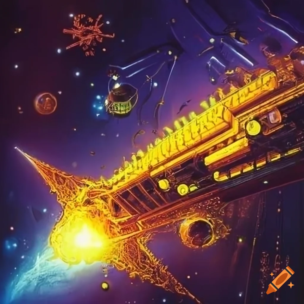 YELLOW 70S SCI FI SPARKLE ENGINE ART on Craiyon