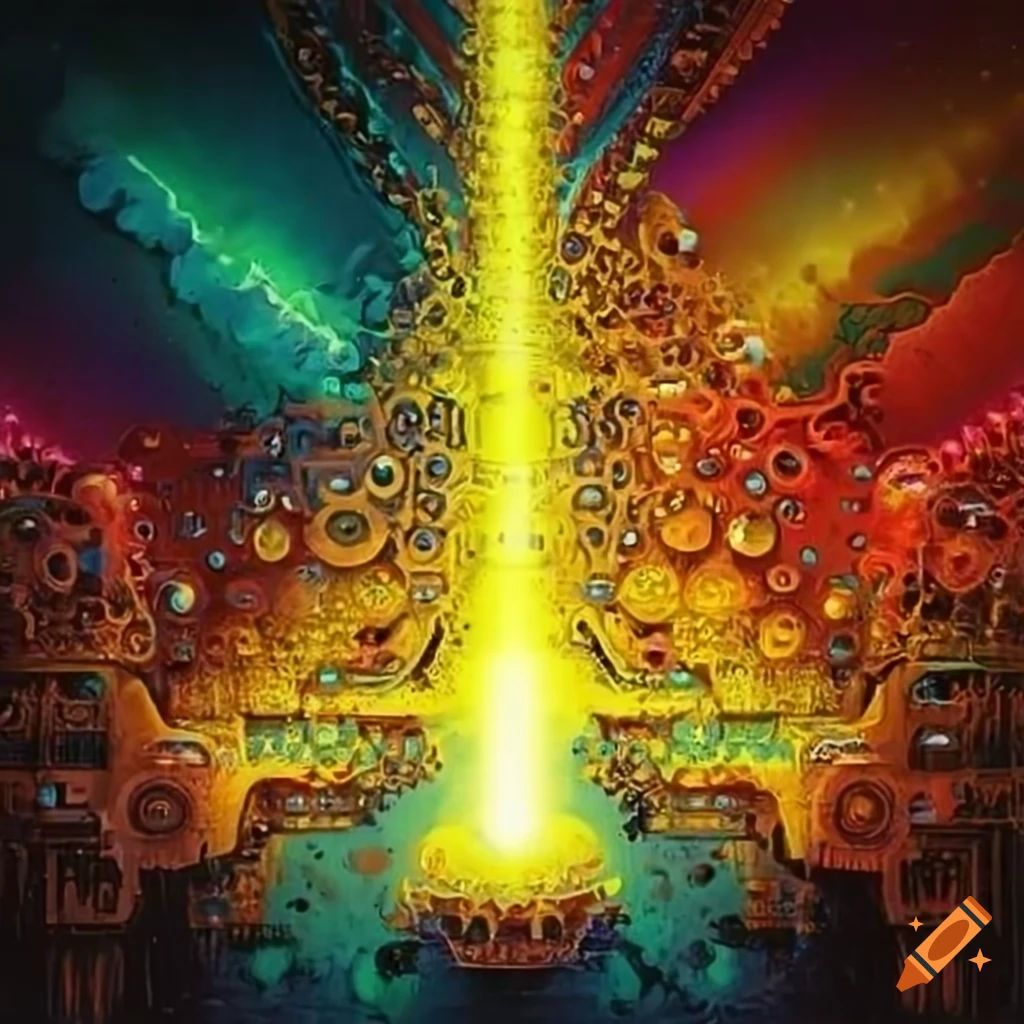 Yellow 70s sci fi sparkle engine art on Craiyon