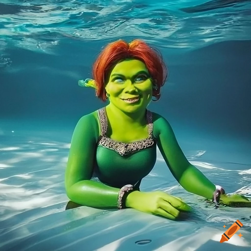 A photography of Princess Fiona in a pool party sitting on edge of pool ...