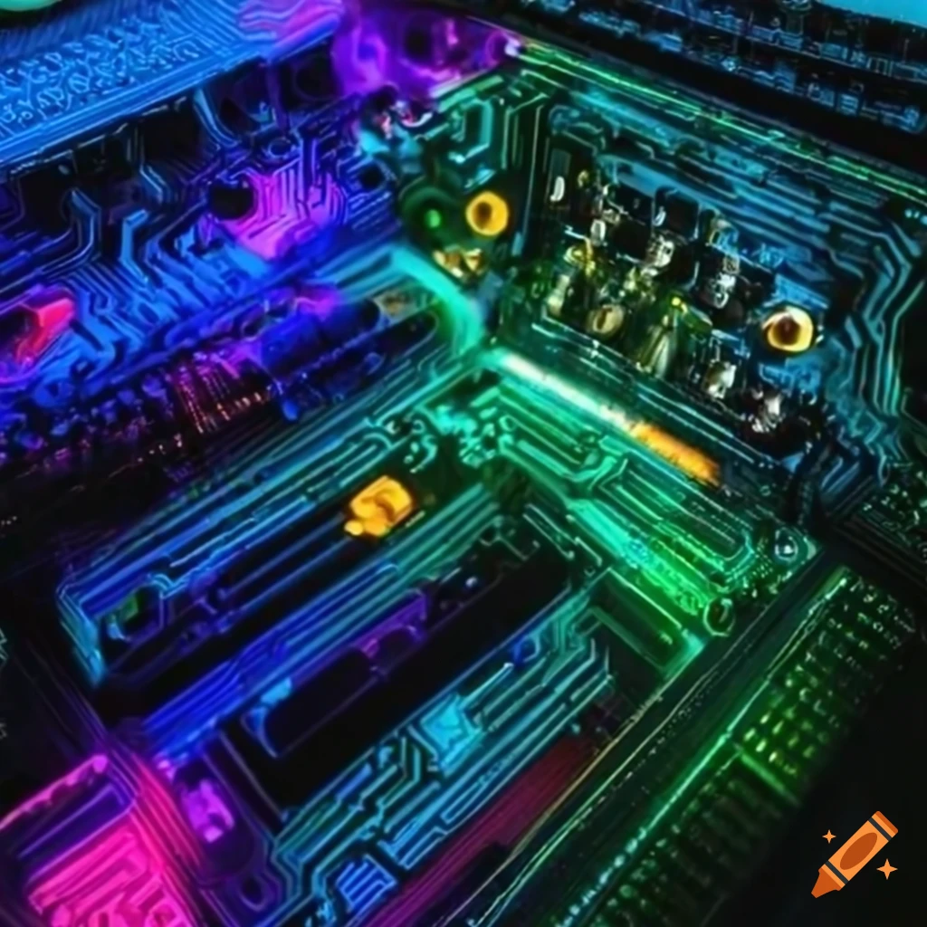 A high-tech circuit board glowing in futuristic neon colors on Craiyon