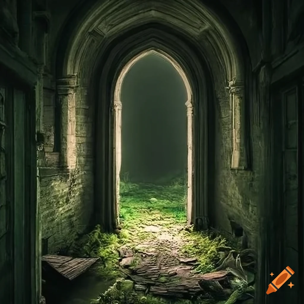 Dark hall with a fantastical door into another world overgrown by ...