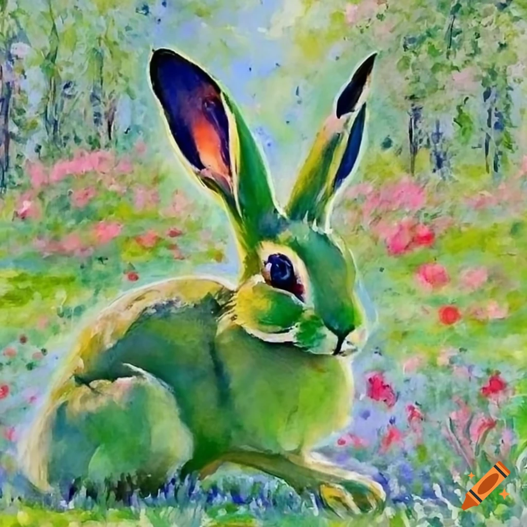 Oil painting, digital painting, watercolor drawing of a green hare in ...