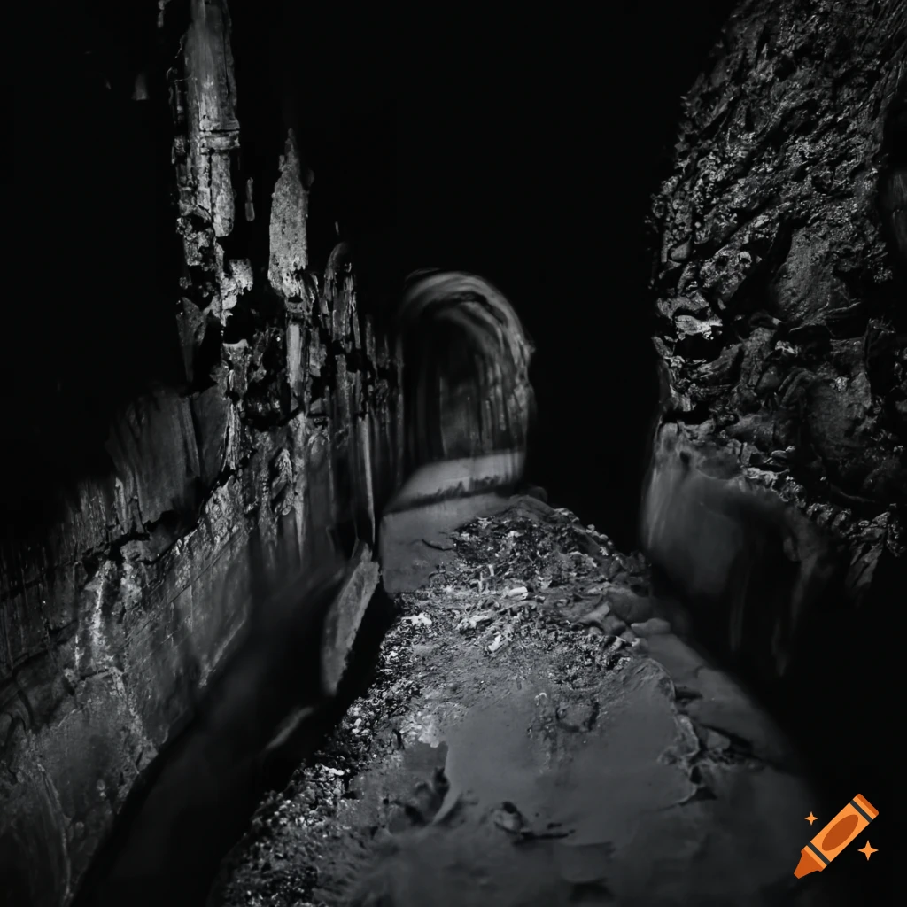 Dark sewers with black sludge, light from behind camera on Craiyon