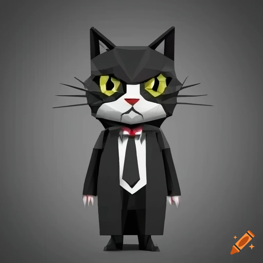 Low-poly chibi evil villain kitty cat gang leader in black tux on Craiyon
