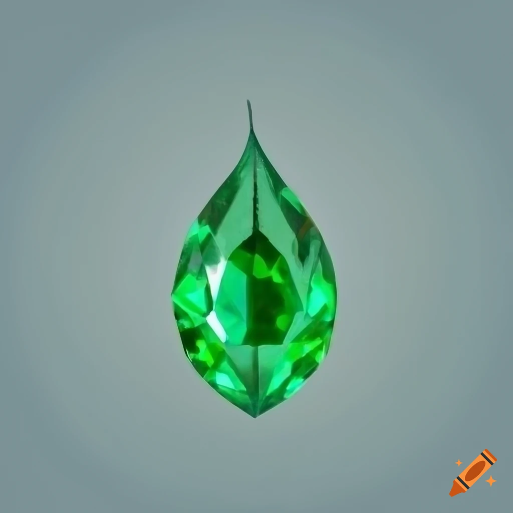 Green gem in shape of a leaf with serrated edge an metal framing in ...