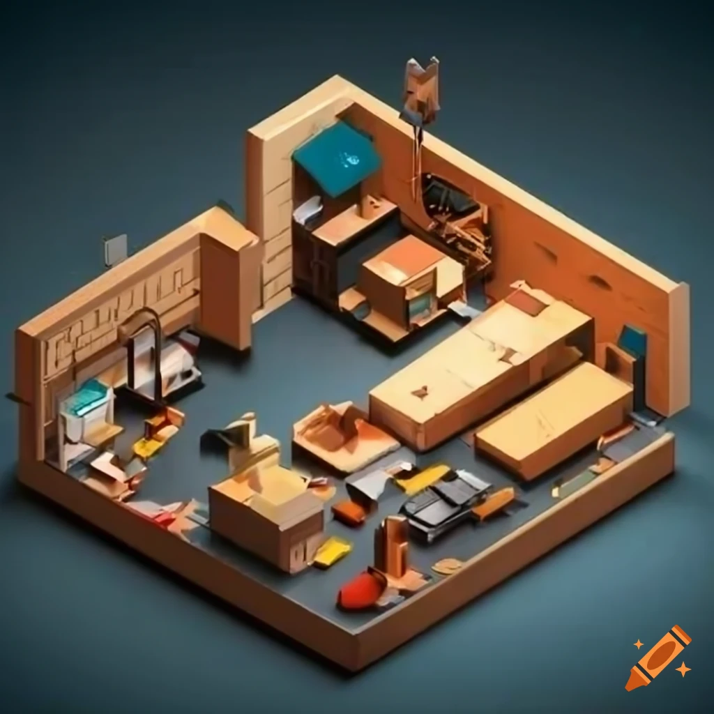 A large and detailled 3d isometric illustration of a painter workshop