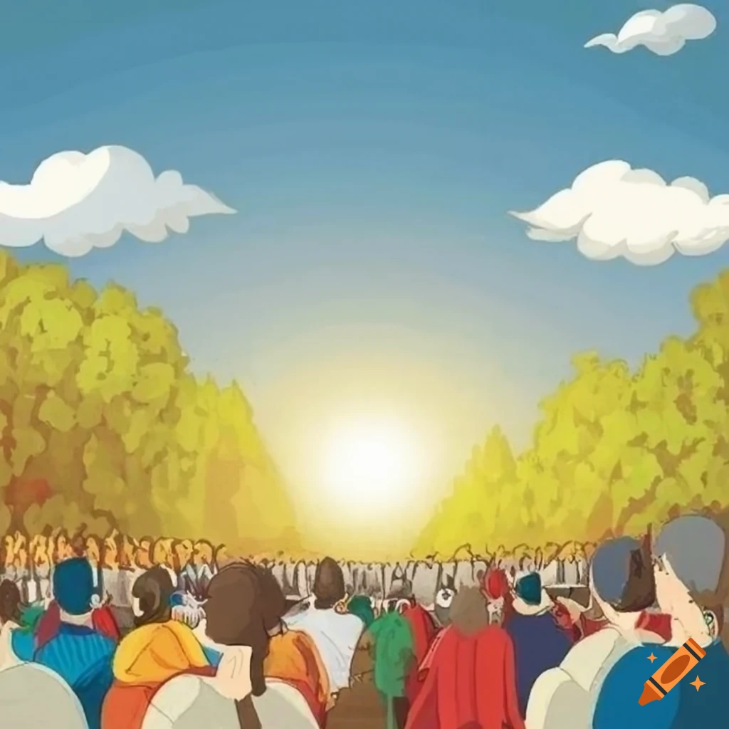 Landscape crowd watching the bright sky medieval illustration