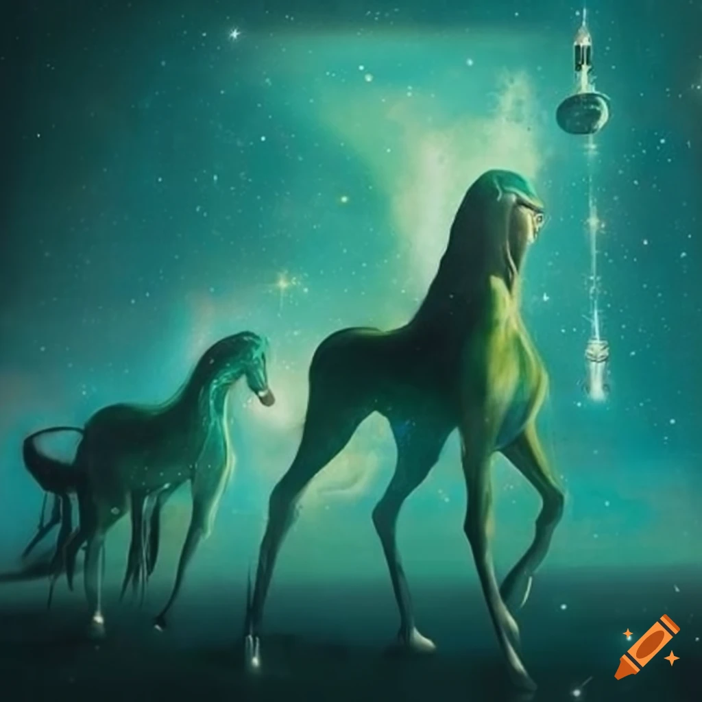 Pale green 70s sci fi sparkle steed art on Craiyon