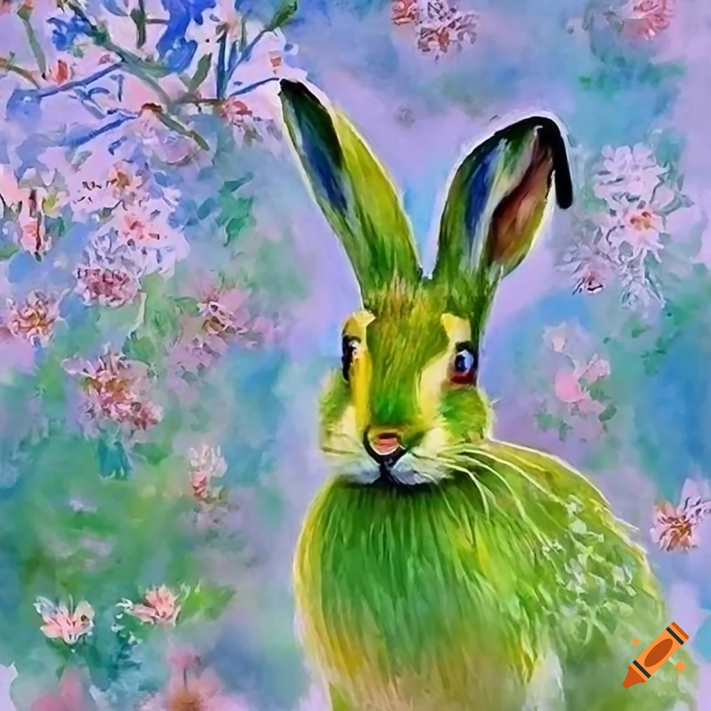 Oil painting, digital painting, watercolor drawing of a green hare in ...