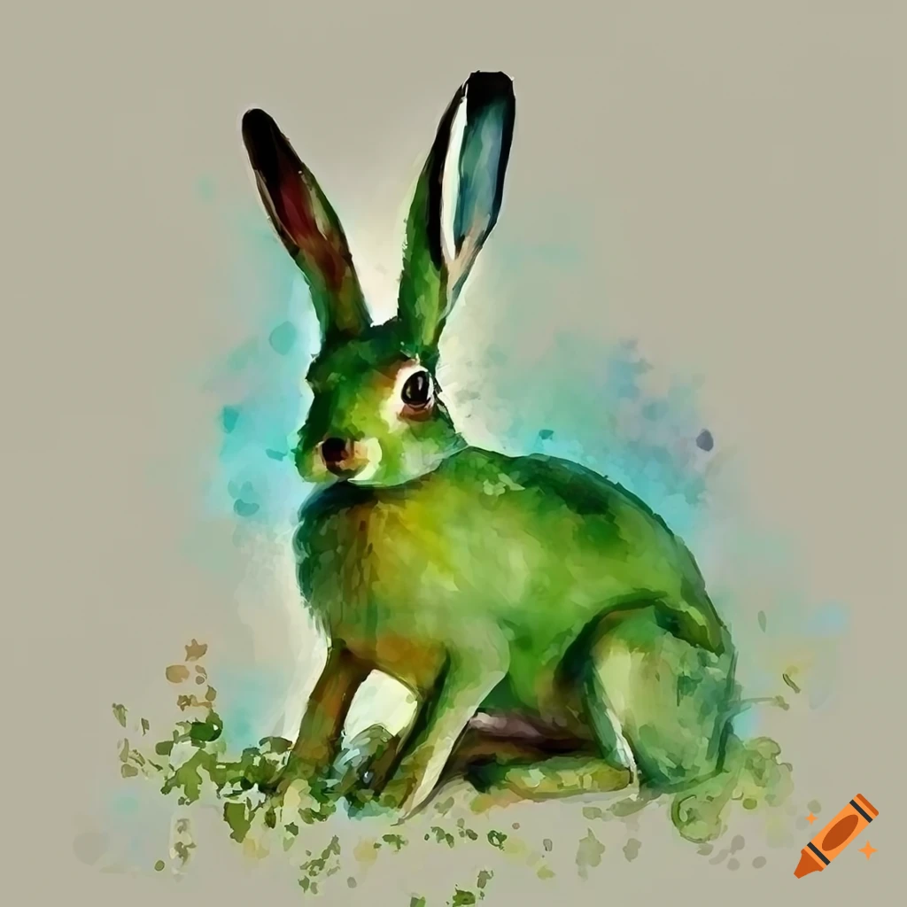 Oil painting, digital painting, watercolor drawing of a green hare in ...