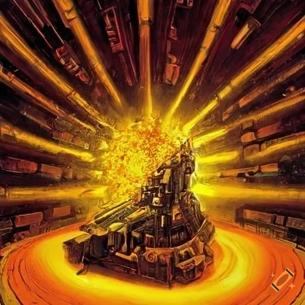 Yellow 70s sci fi sparkle engine art on Craiyon