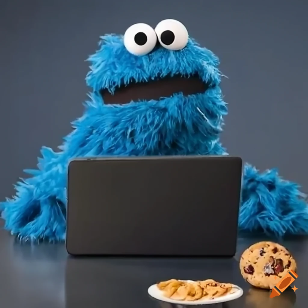 Cookie monster sadly munching on a cookie while using a laptop on Craiyon