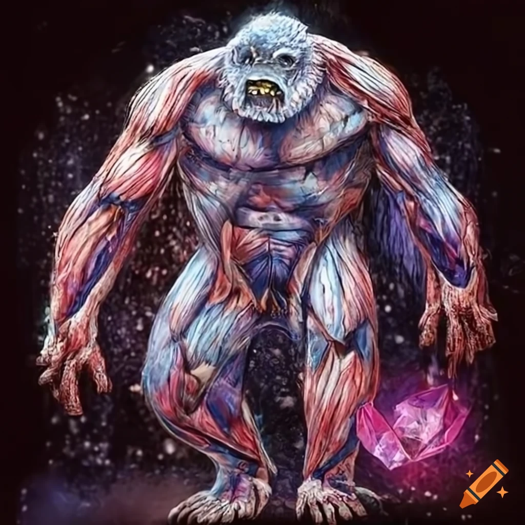 Muscles yeti with a crystal heart mosaic