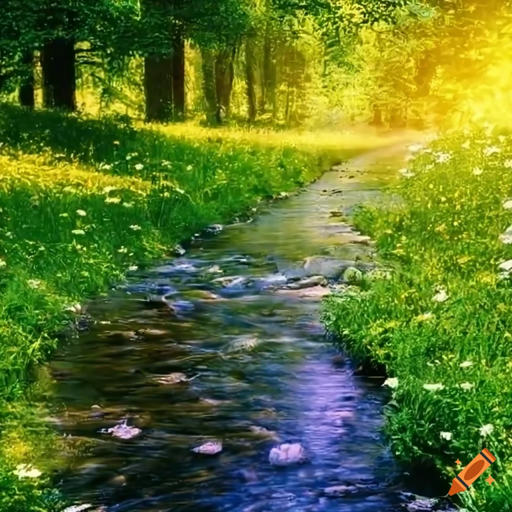 Beautiful meadow, summertime, sunlight, flowers, stream, photorealistic ...