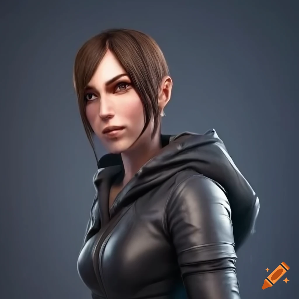 Lara croft, confident, hoody black leather trousers