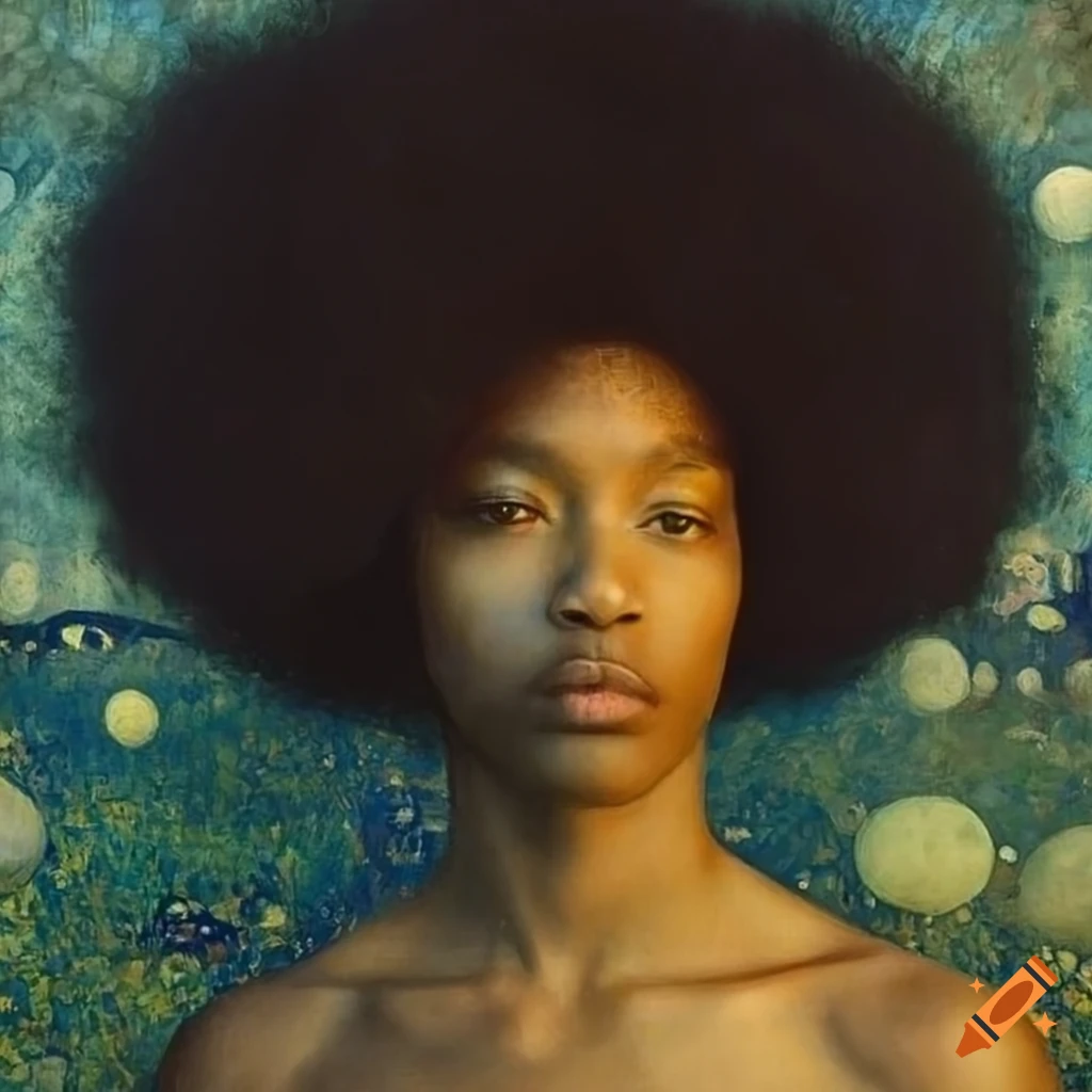 Plain portrait,afro person, textured abstract hair, Surreal planets ...