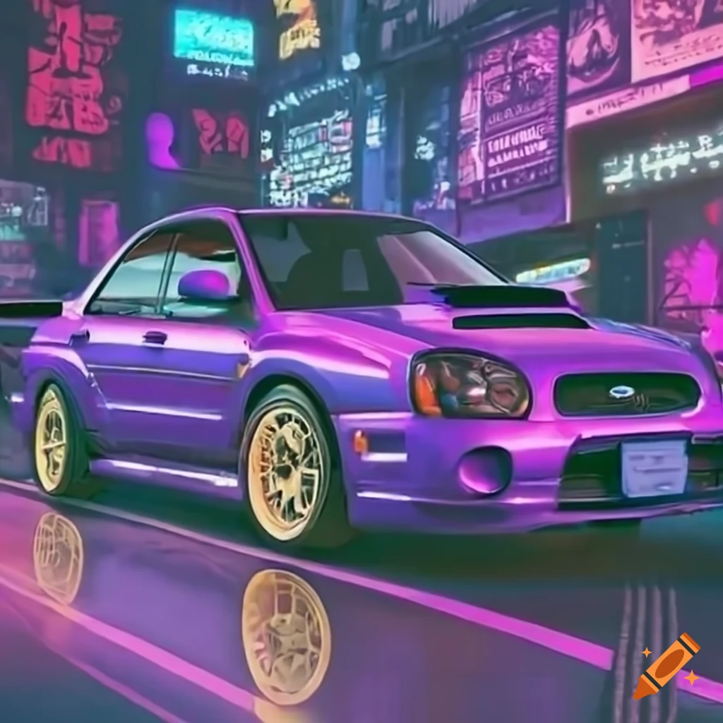 Subaru WRX STI year 2003 in cyberpunk city on Craiyon