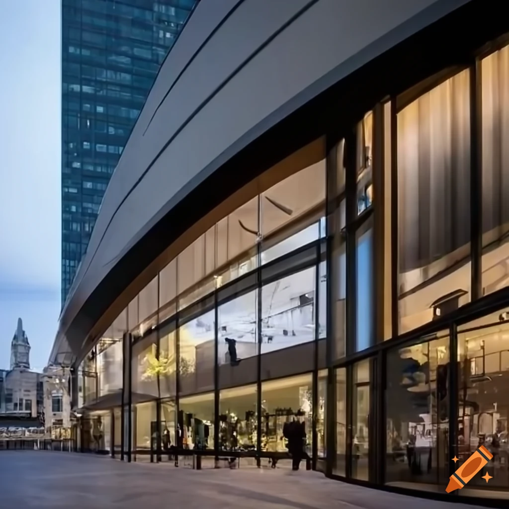 Exterior, modern two-story mall with a sandy stone facade and glass ...