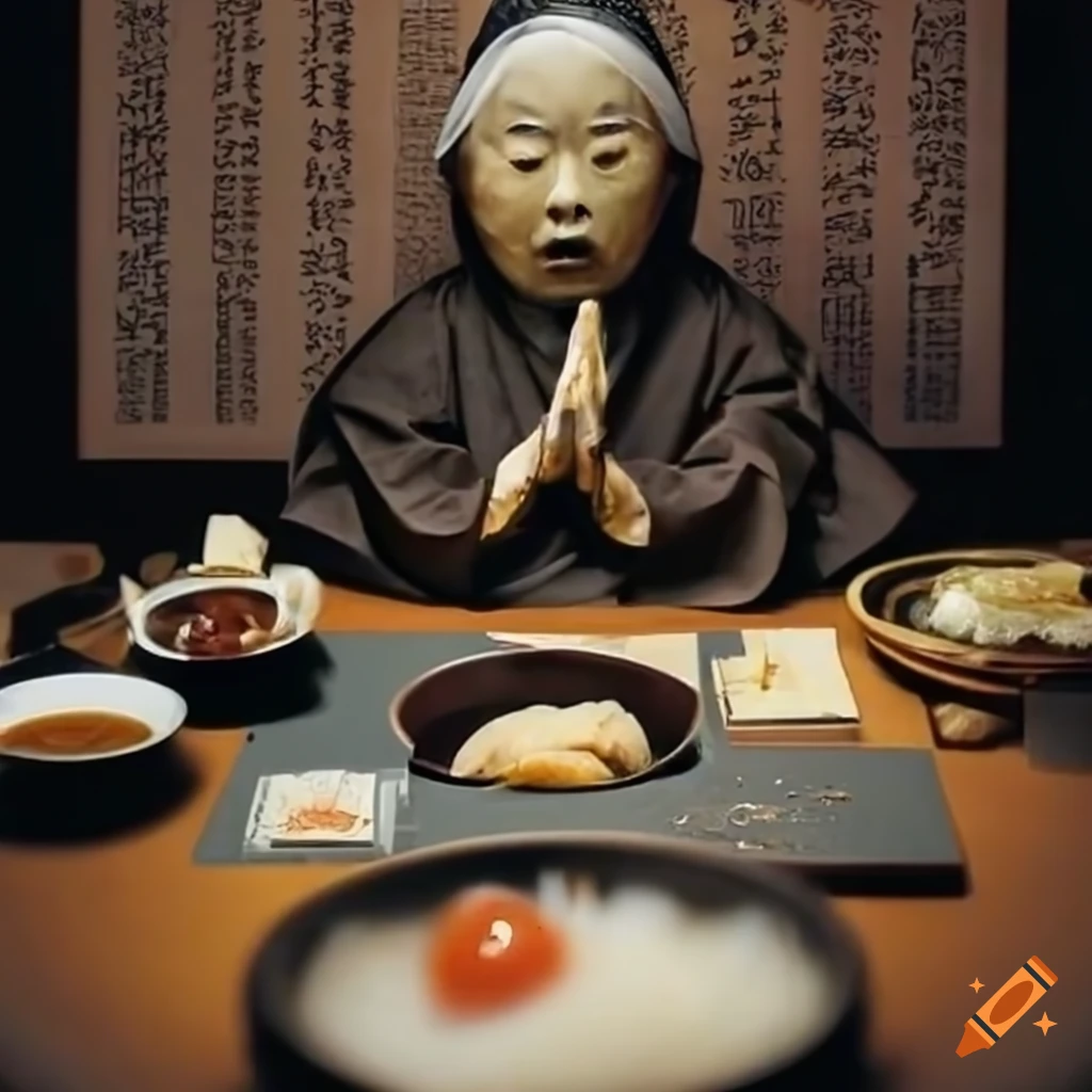A ghost with a japanese table full of food