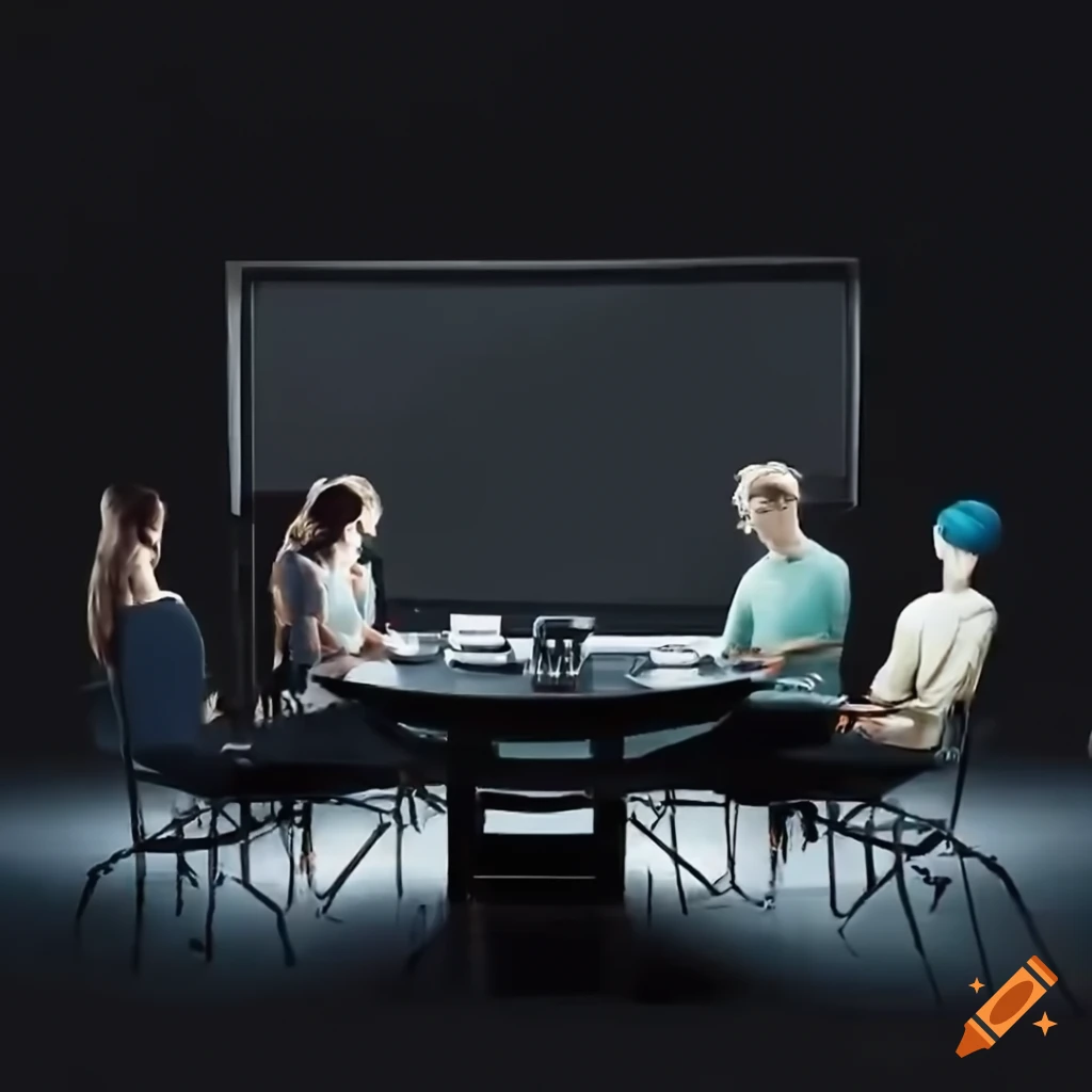 People in meeting around a table and a projection screen