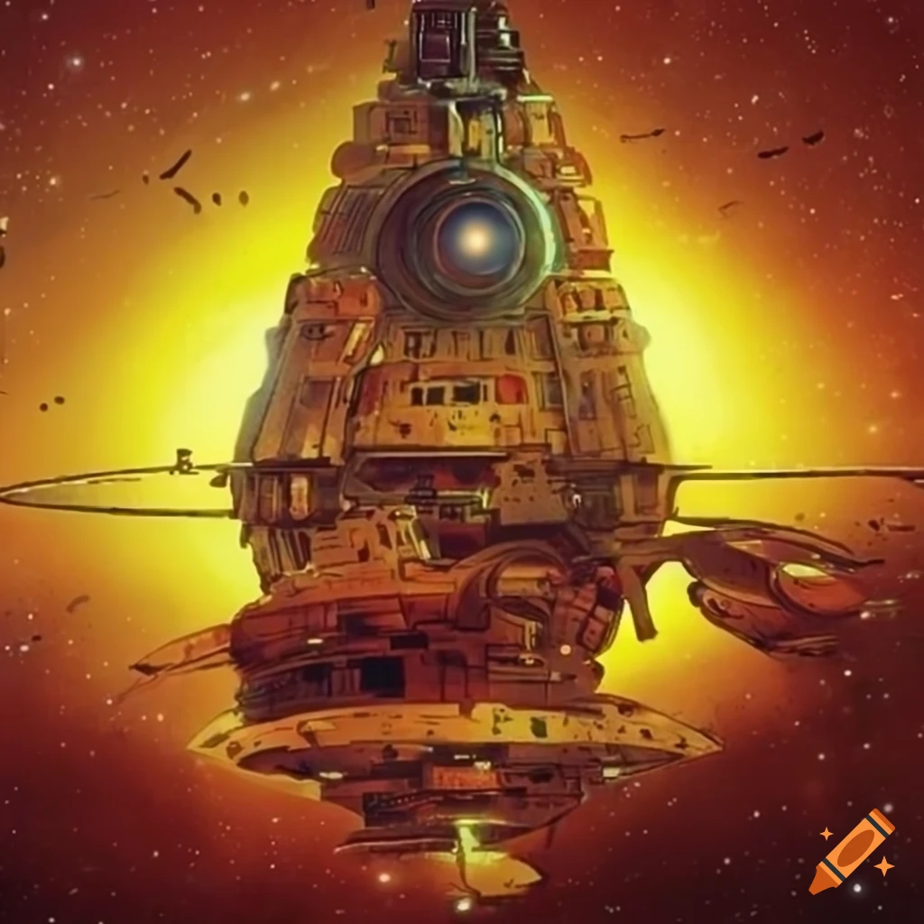 Yellow 70s sci fi star machine art on Craiyon