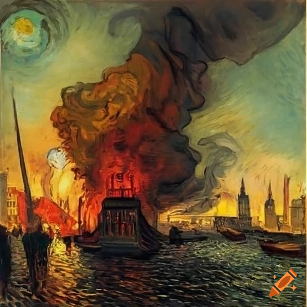 The London fire, as painted by Van Gogh, with swirling smoke and fire ...