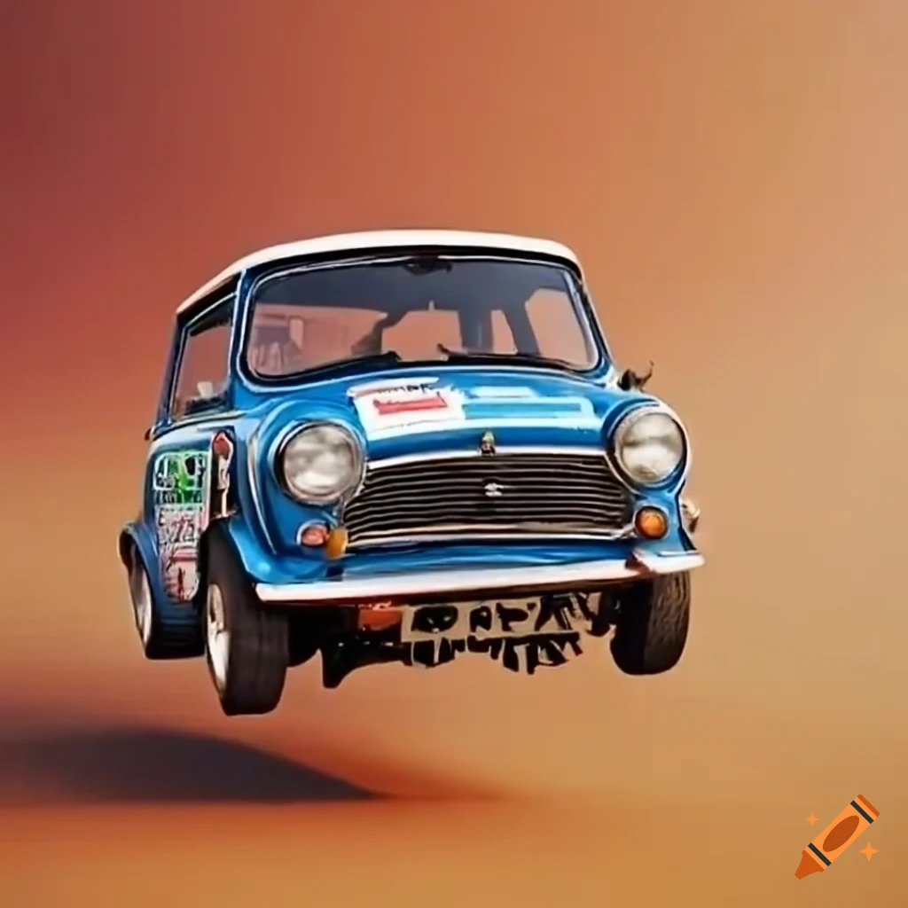 Classic mini cooper rally racing jumping through the air on Craiyon